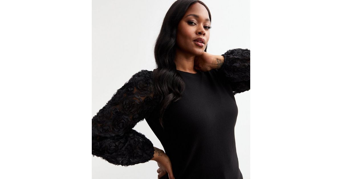 Curves Black Rose Sleeve Fine Knit Top | New Look
