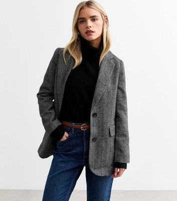 Petite Black Boxy Herringbone Blazer | New Look