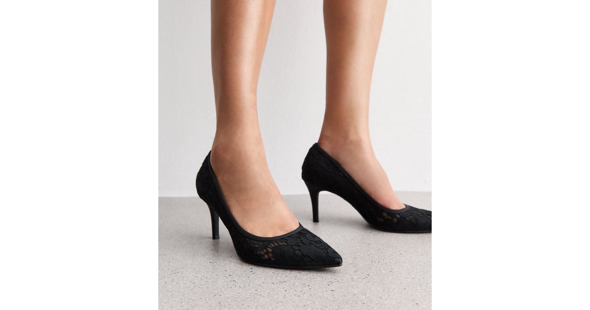 Black Lace Stiletto Heel Court Shoes | New Look