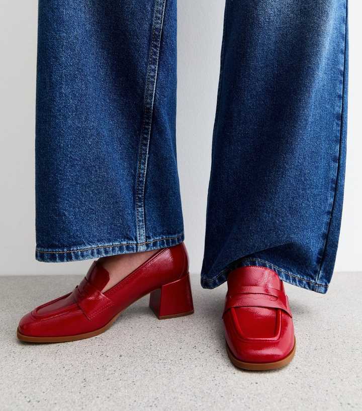 Red Block Heel Penny Loafer Court Shoes | New Look