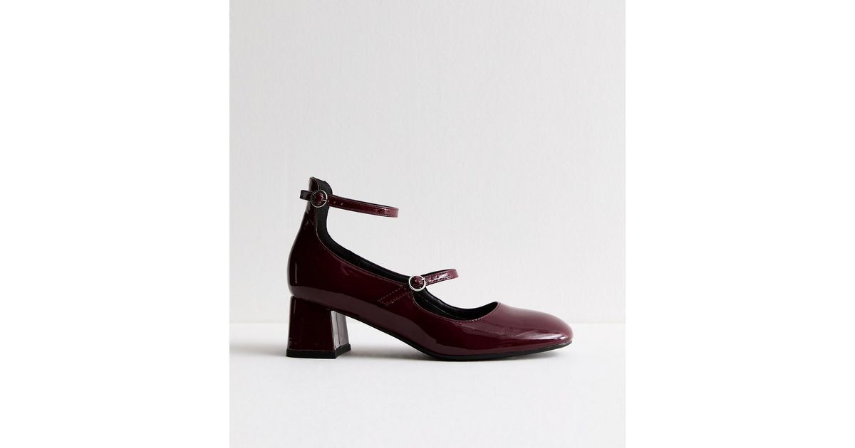 Burgundy Leather-Look Block Heel Mary Jane Shoes | New Look