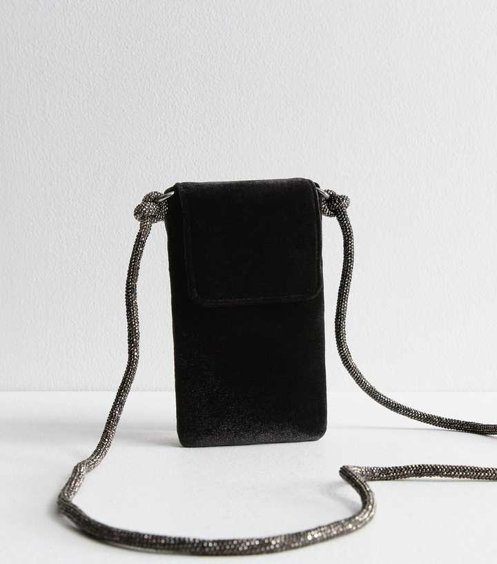 Black Velvet Diamanté Strap Phone Bag | New Look