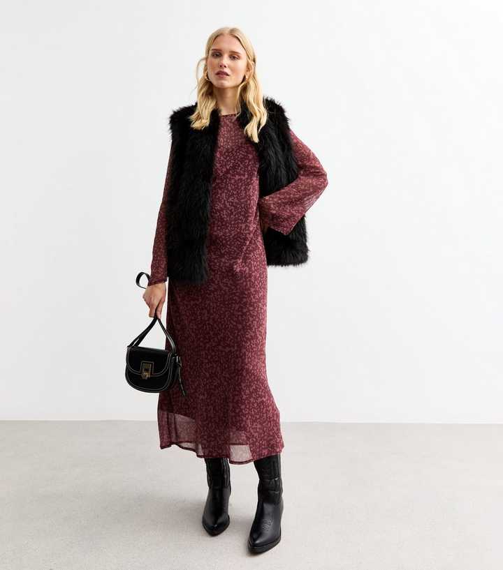 Burgundy Leopard Print Crepe Shift Midi Dress | New Look