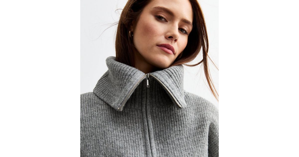 Grey Ribbed Knit Half Zip Jumper | New Look