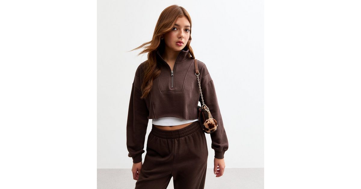 Girls Brown Half Zip Crop Sweatshirt | New Look