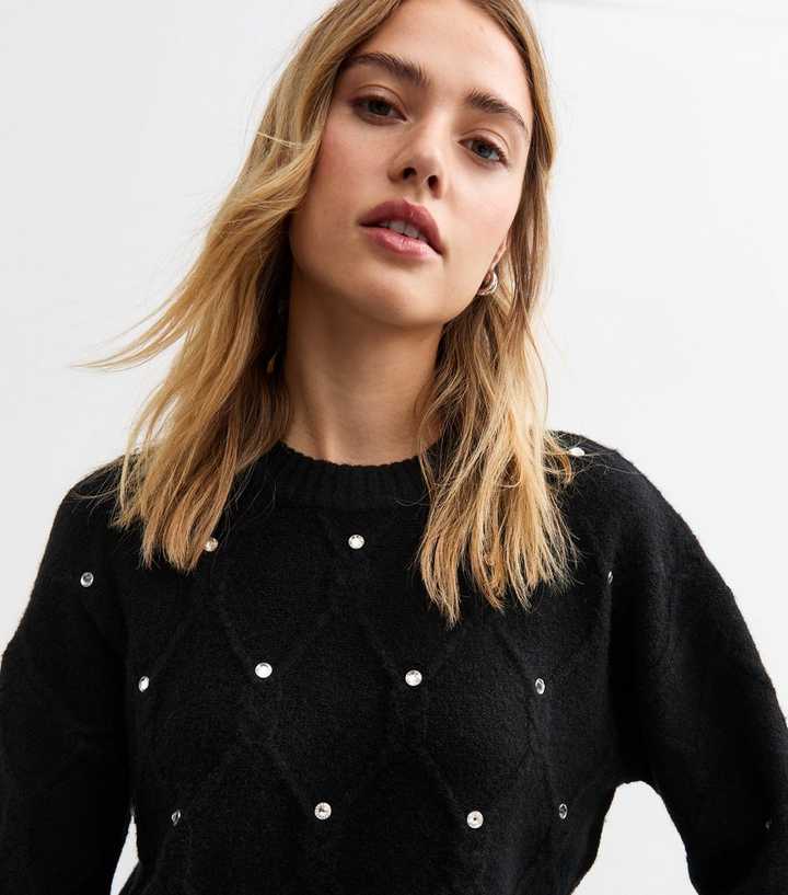 Black Diamanté Embellished Diamond Knit Jumper | New Look