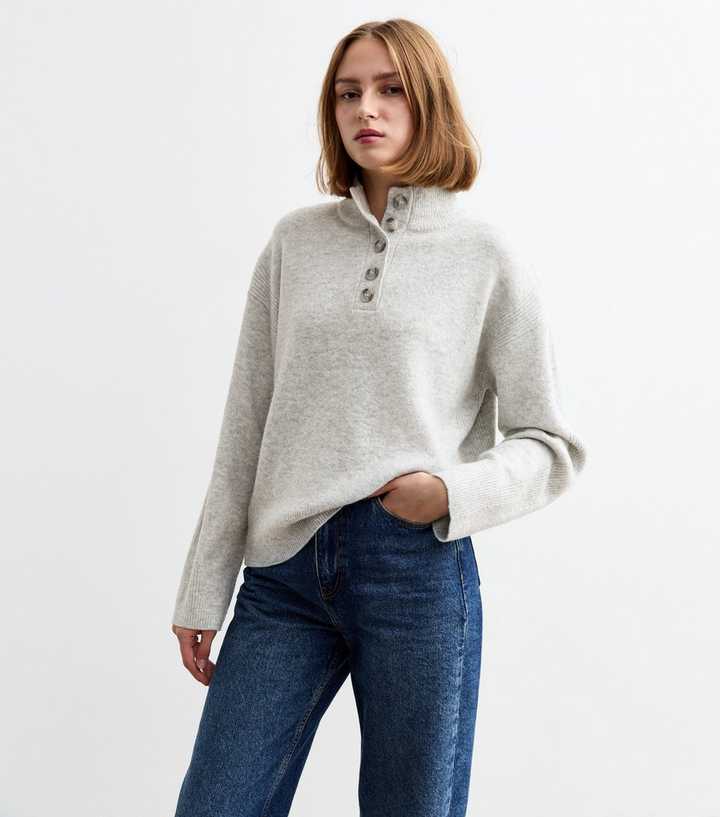 Grey High Neck Button Up Jumper | New Look