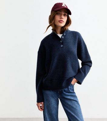 Navy High Neck Button Up Jumper | New Look