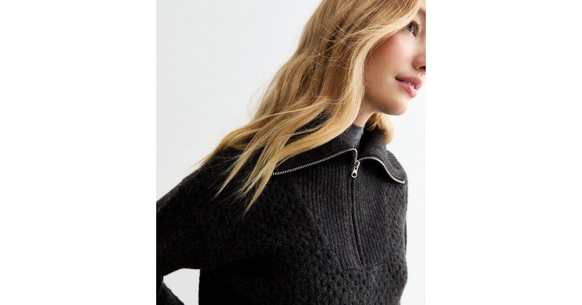 Grey Mesh Stitch Zip Front Jumper | New Look