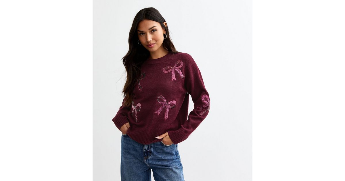 Red Sequin Bow Embellished Jumper | New Look