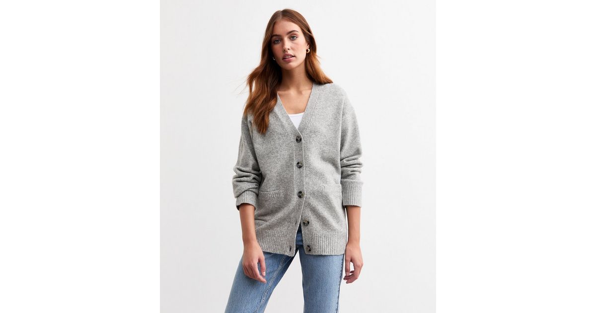 Tall Grey Knit Button Up Cardigan | New Look