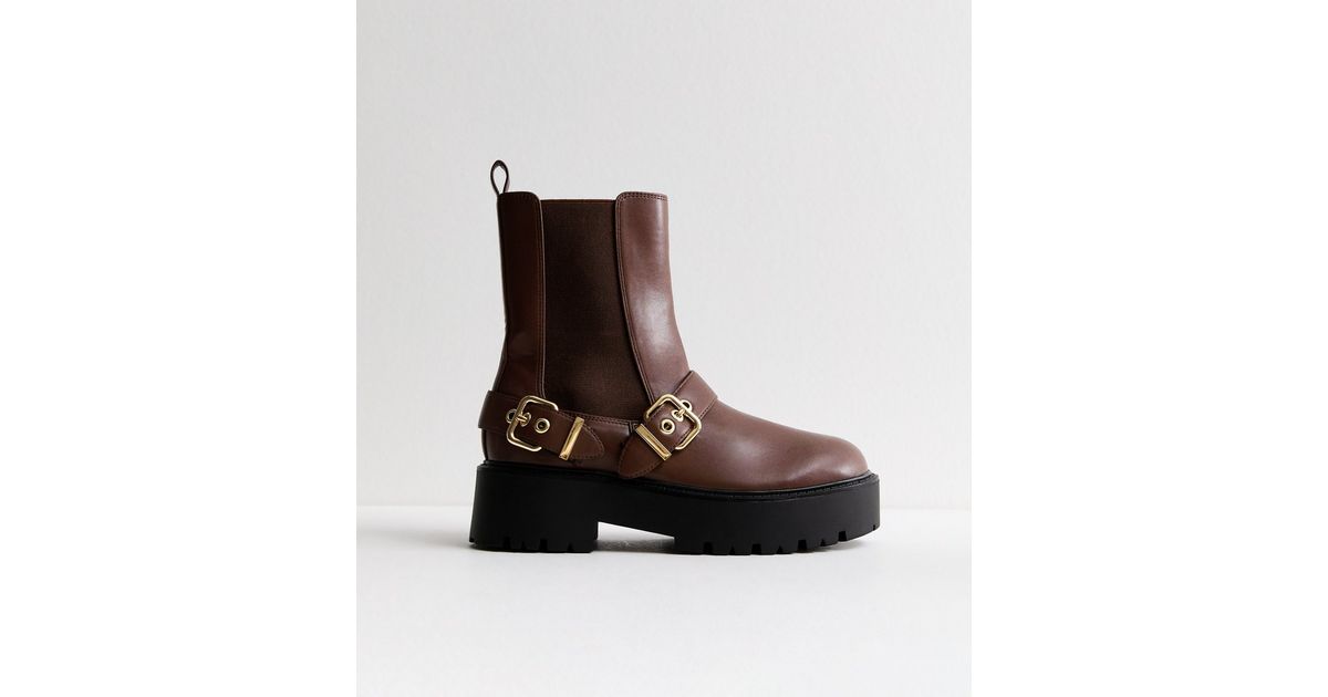 Rust Leather Look Buckle Detail Chunky Boots | New Look