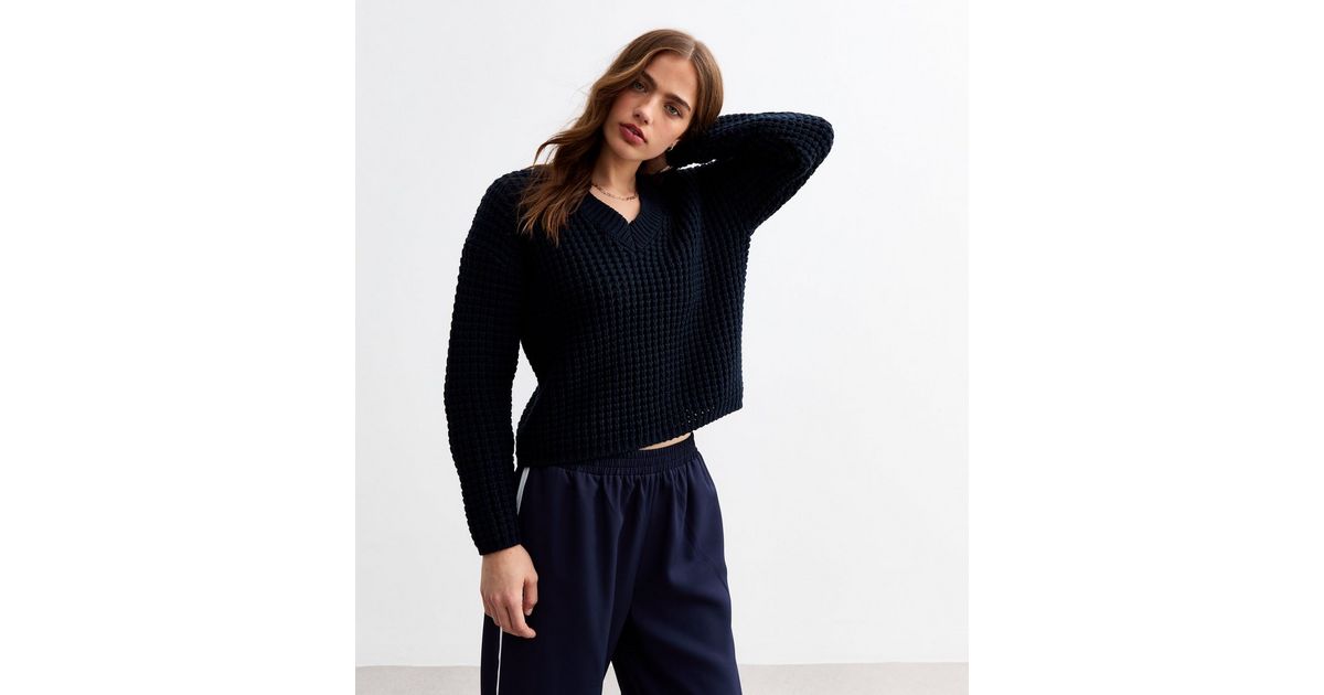 Navy Chunky Knit V-Neck Jumper | New Look