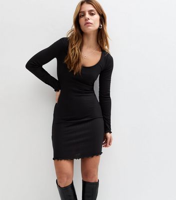 Petite Black Scoop Neck Ribbed Mini Dress | New Look