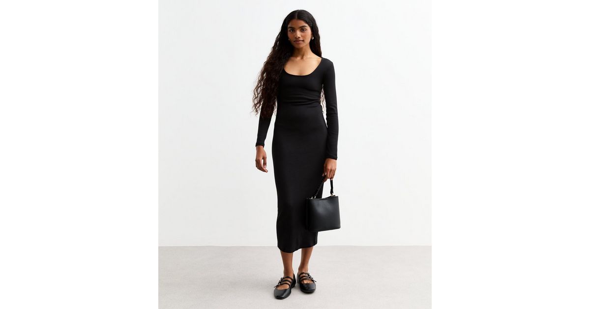 Petite Black Scoop Neck Ribbed Midi Dress | New Look