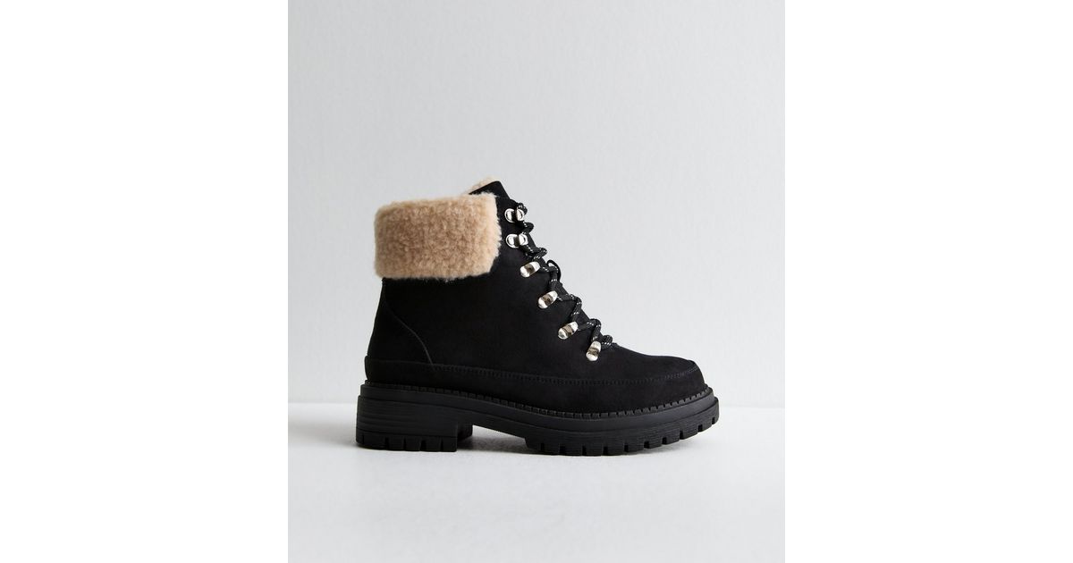Wide Fit Black Borg Trim Lace Up Ankle Boots | New Look