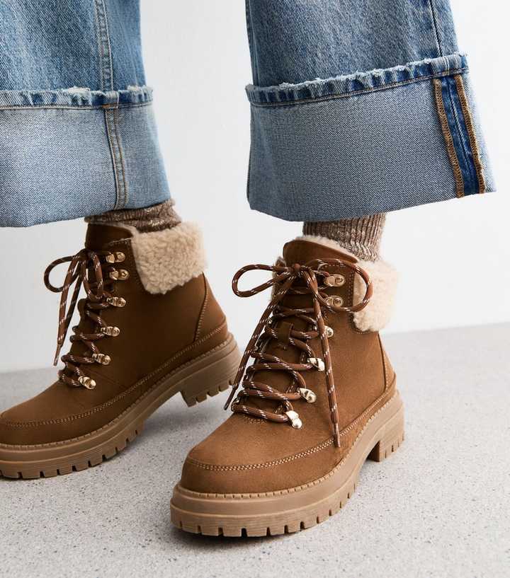 Wide Fit Tan Borg Trim Lace Up Ankle Boots | New Look