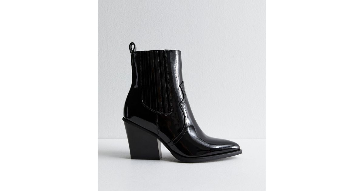 Black Patent Leather Look High Ankle Boots | New Look