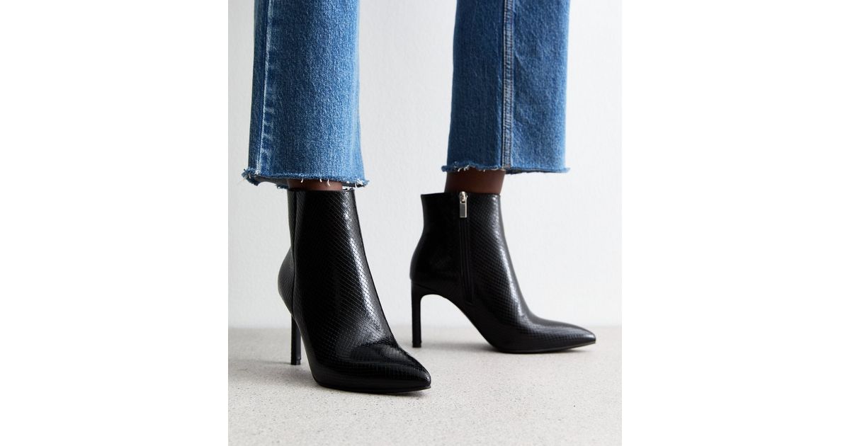 Black Leather Look Pointy Heeled Ankle Boots | New Look