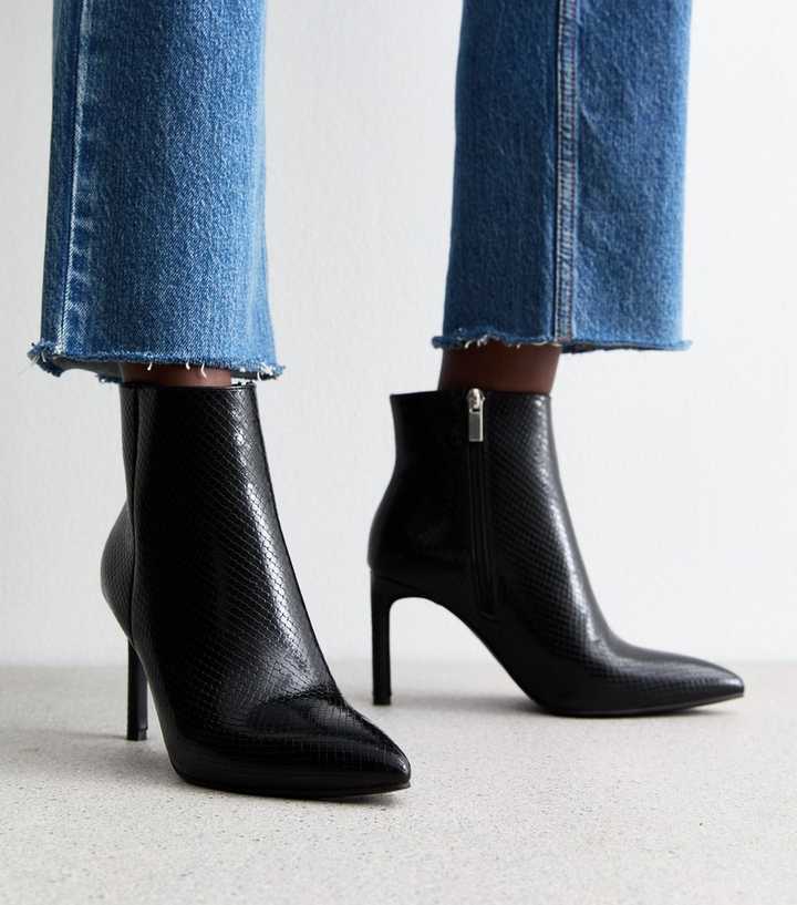Black Leather Look Pointy Heeled Ankle Boots | New Look