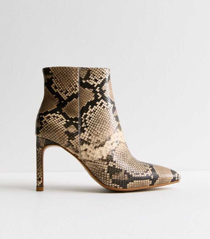 Brown Snakeskin Leather Look Pointy Heeled Ankle Boots | New Look