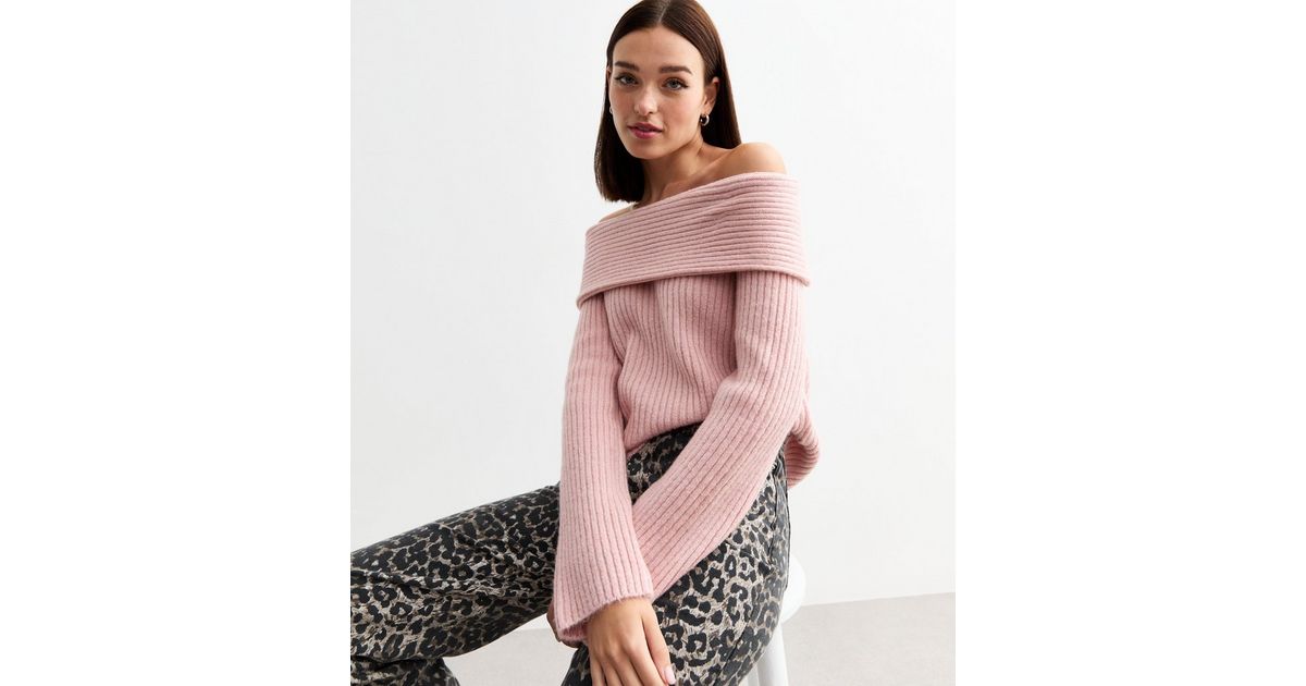 Pink Ribbed Knit Bardot Jumper | New Look