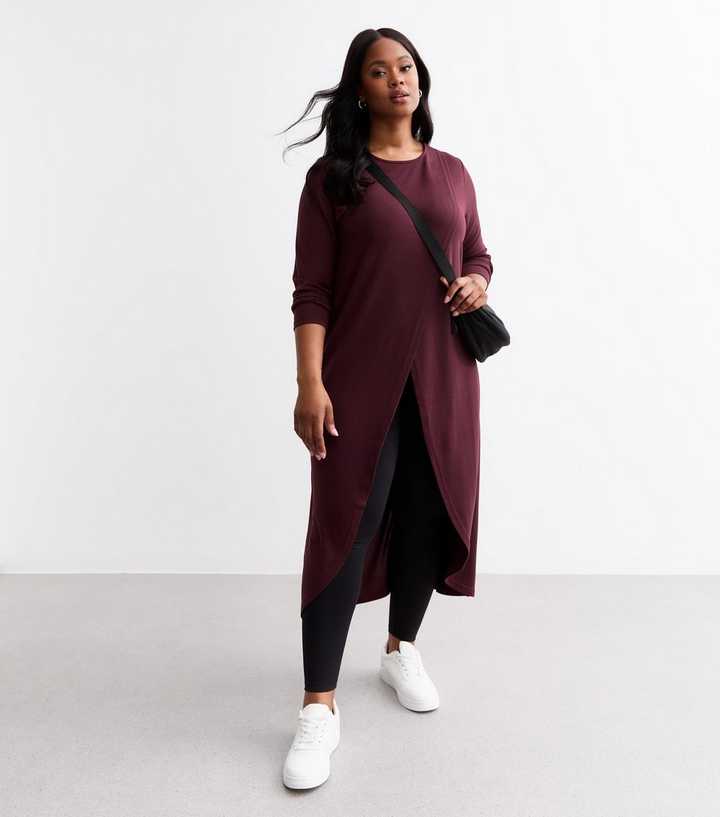 Curves Soft Touch Burgundy Longline Wrap Top | New Look