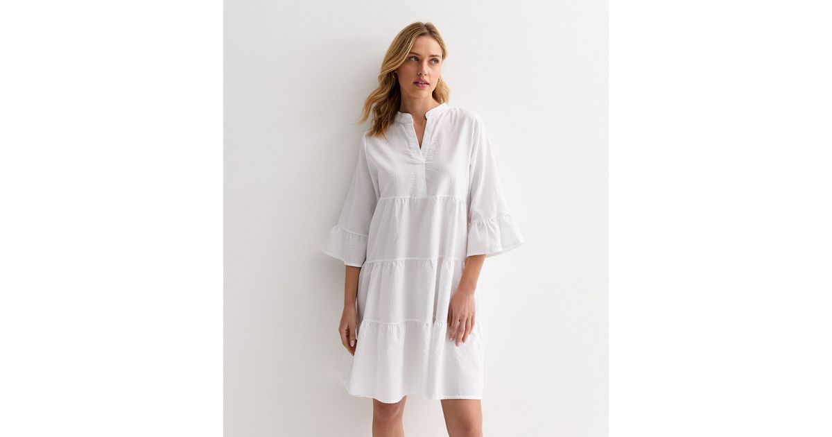 Gini London White Textured Tiered Mini Dress | New Look