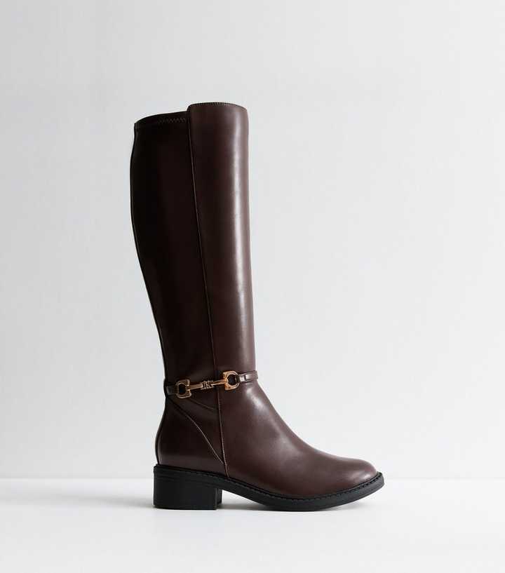 Wide Fit Brown Leather-Look High Leg Boots | New Look