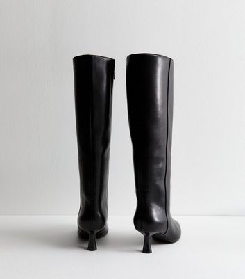Black Leather Look Kitten Heel Knee High Boots New Look