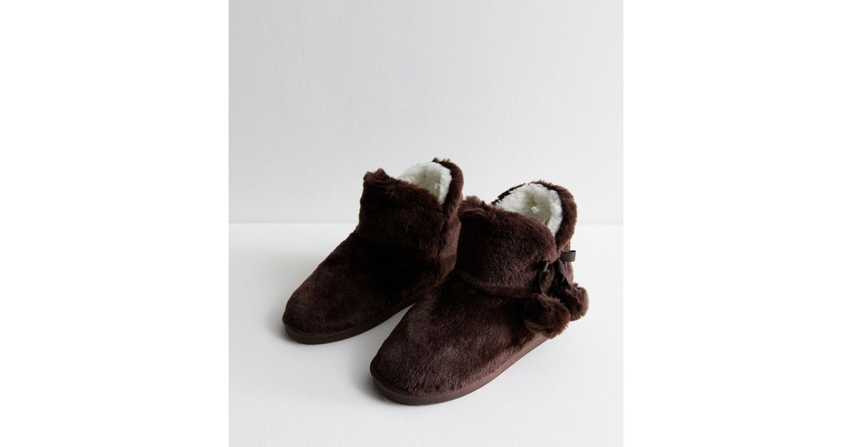 Chocolate Brown Pom Pom Faux Fur Ankle Boot Slippers | New Look