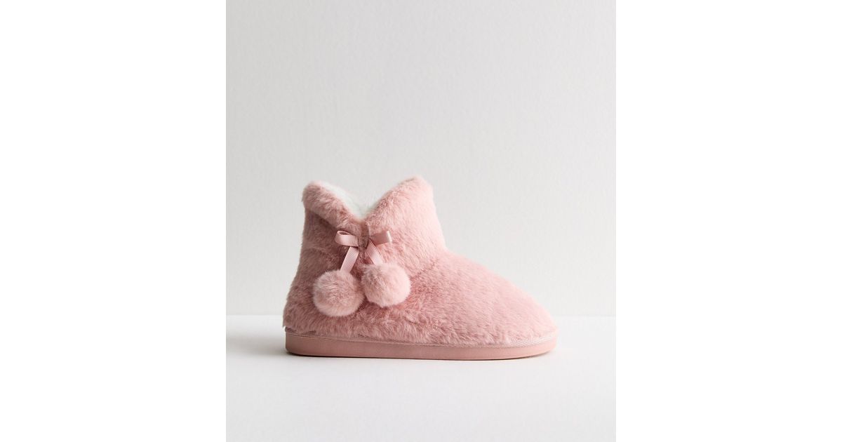 Pink Pom Pom Faux Fur Ankle Boot Slippers | New Look