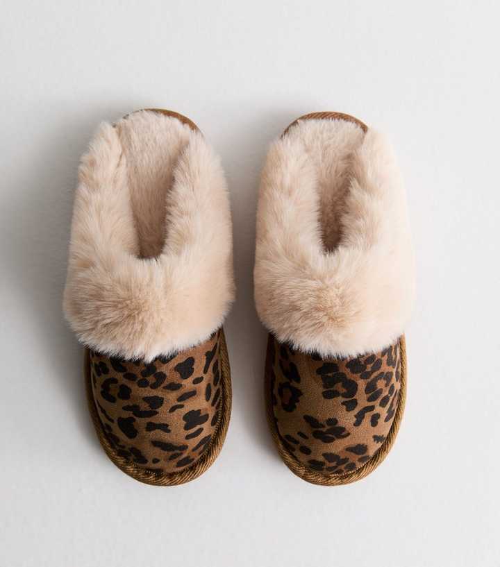 Stone Suedette Leopard Print Mule Slippers | New Look