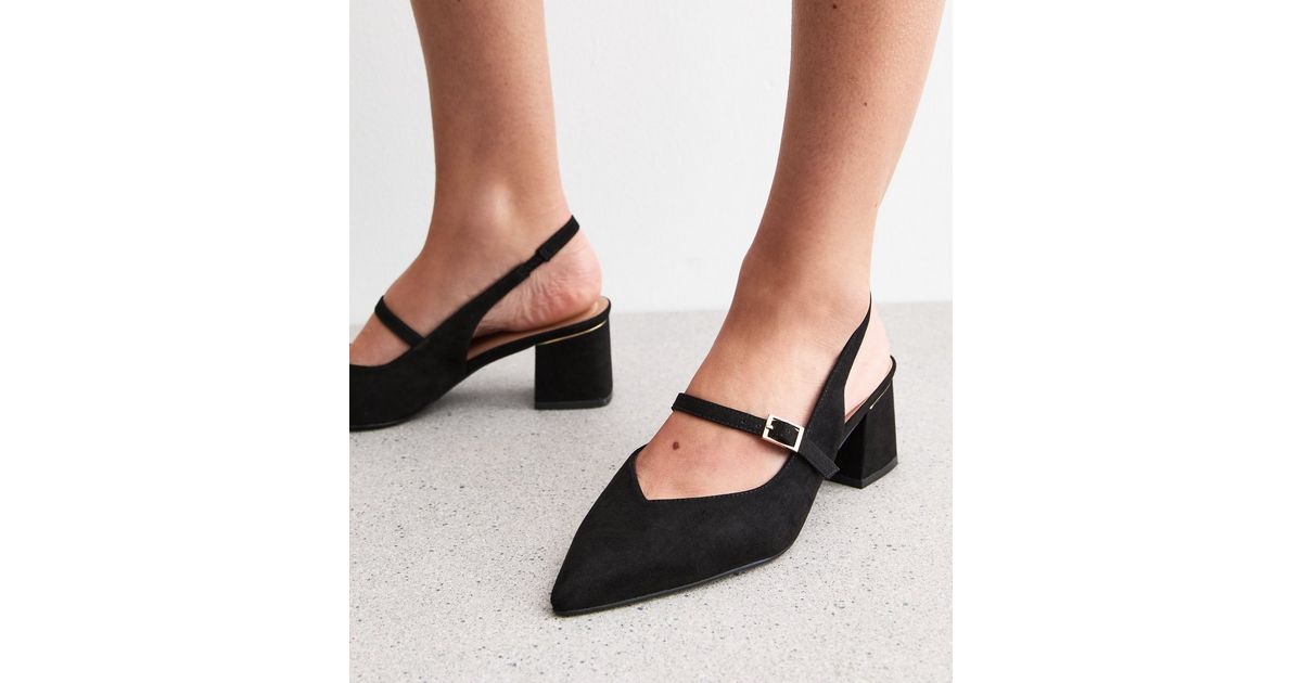 Black Suedette Block Heel Slingback Court Shoes | New Look