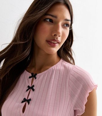 Pale Pink Ribbed Bow Detail Top | New Look