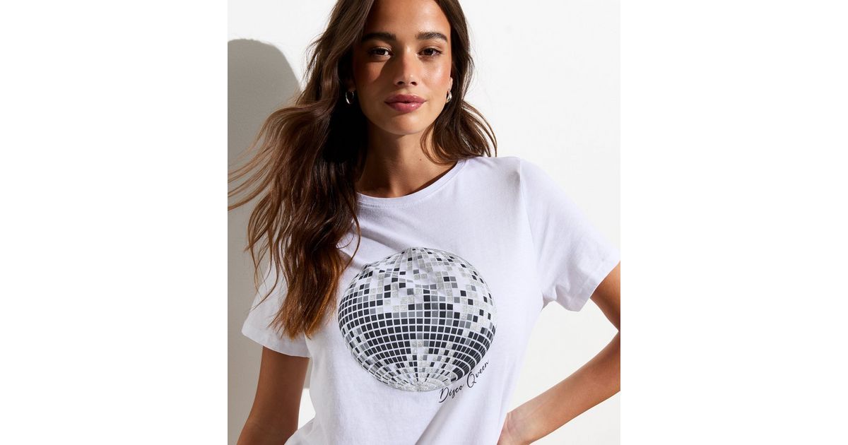White Disco Ball Print Cotton T-Shirt | New Look