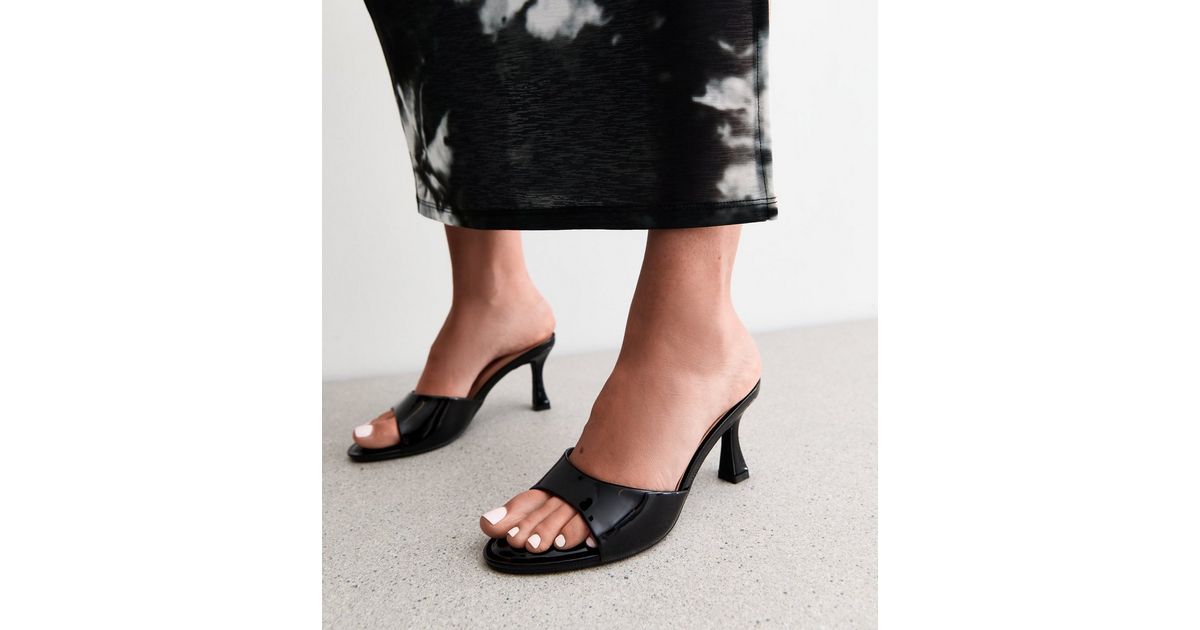 Black Leather-Look Heeled Mules Sandals | New Look