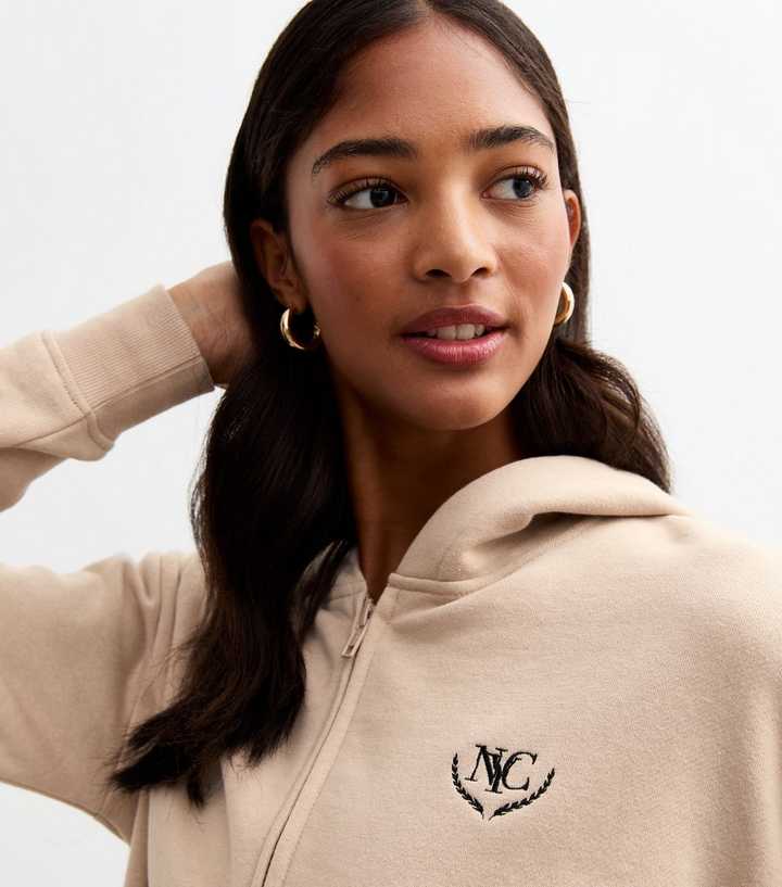 Camel NYC Crest Zip Through Hooded Sweatshirt | New Look