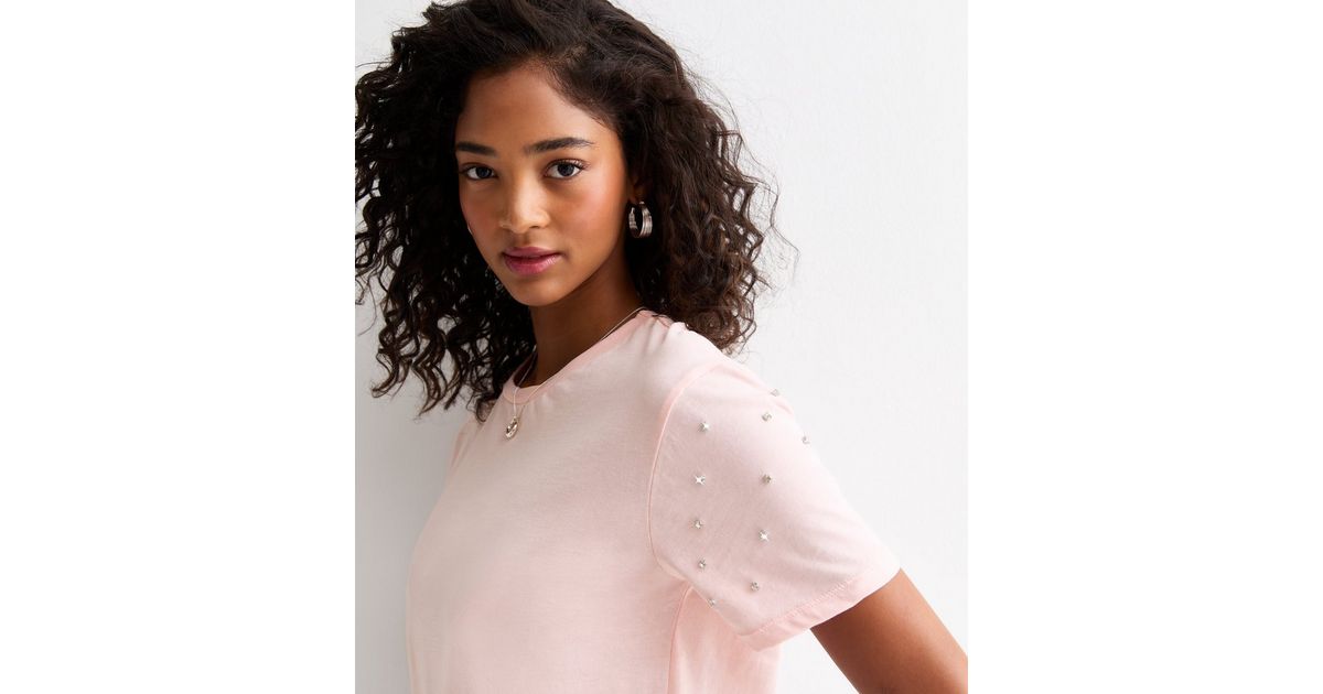 Pink Diamanté Embellished Cotton Boxy T-Shirt | New Look