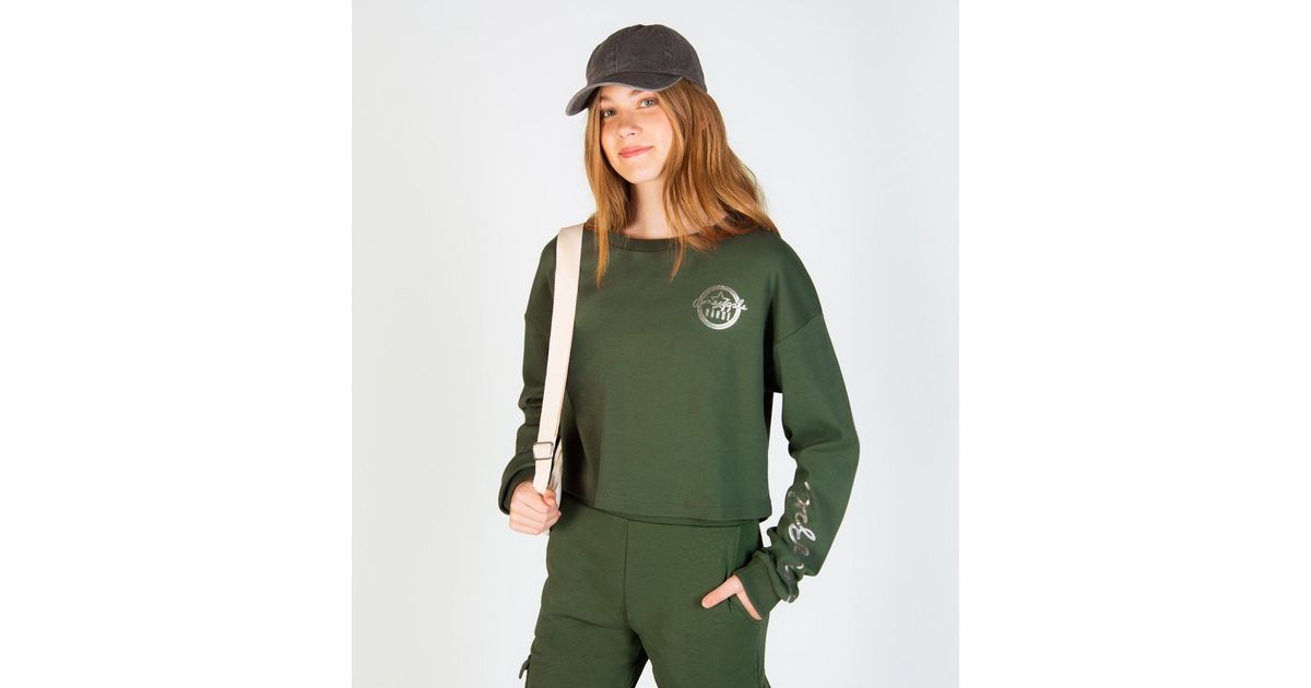 Girls Pineapple Kids Dark Green Cotton Long Sleeve Crop Sweatshirt ...