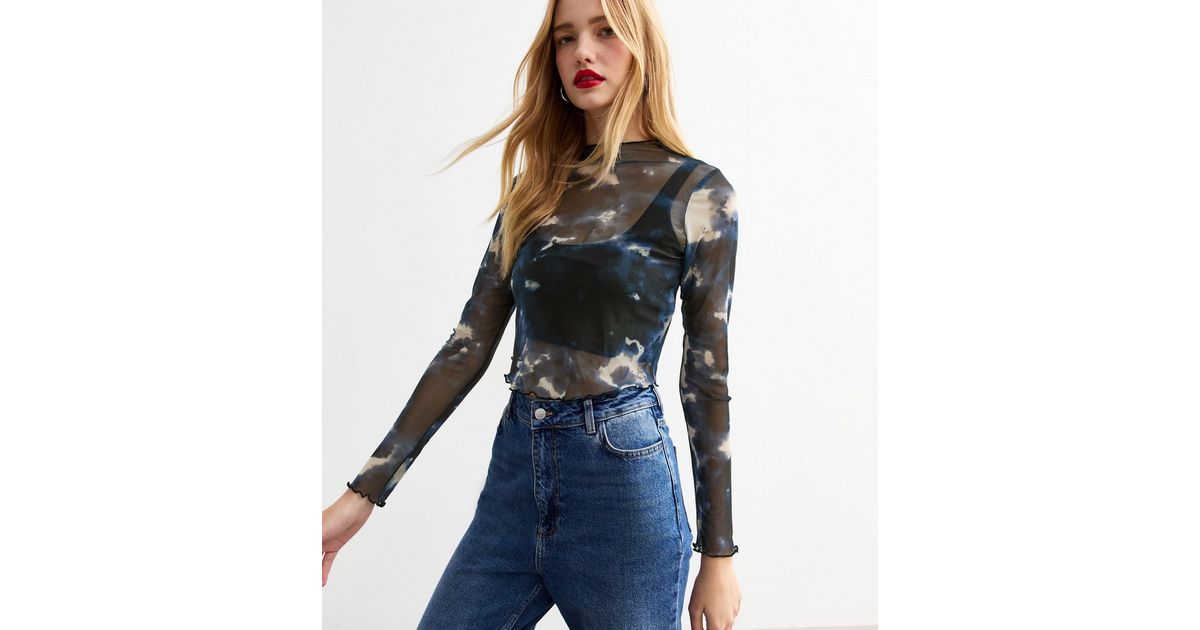 Blue Ink Print Mesh Long Sleeve Top | New Look