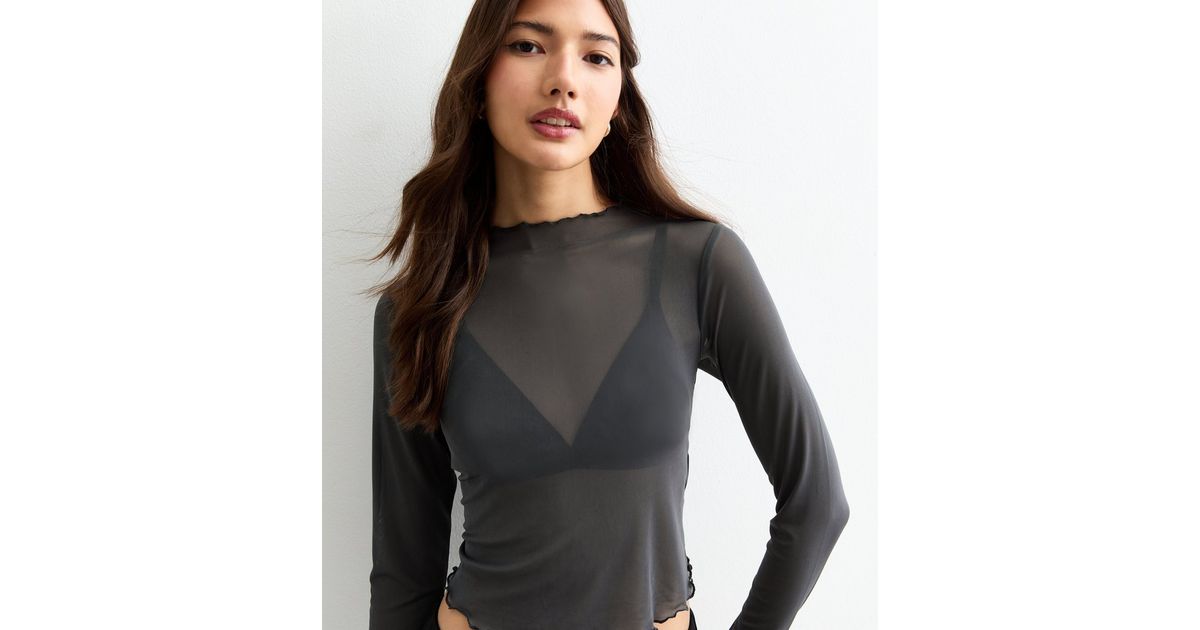 Dark Grey Long Sleeve Mesh Top | New Look