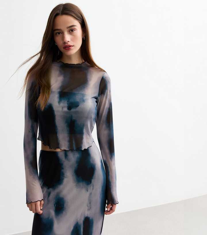Blue Abstract Print Mesh Long Sleeved Top | New Look
