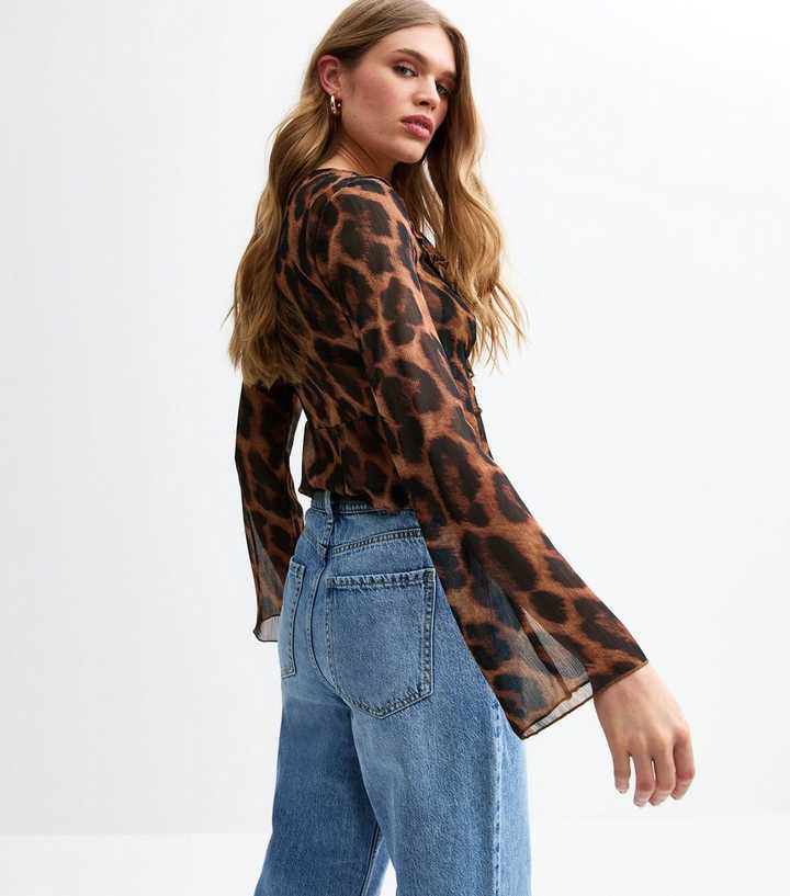 Sheer Leopard Print Blouse Women's Tie Front Leopard Crop Top Ruffle
