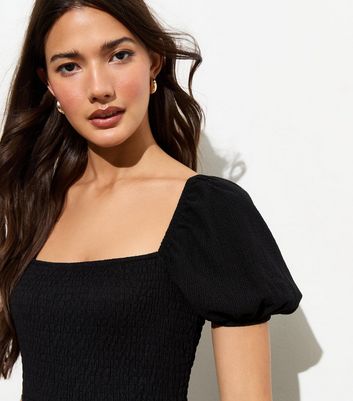 Black Smocked Short-Sleeve Midi Dress | New Look