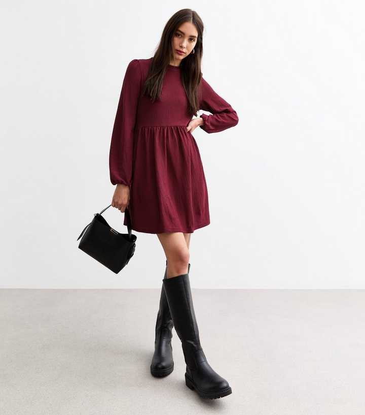 Burgundy Funnel Neck Crinkle Textured Mini Dress | New Look