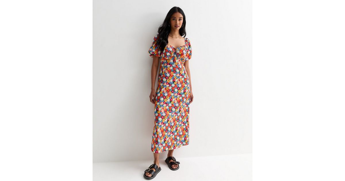 Multicolour Floral-Print Frill-Trim Midi Dress | New Look