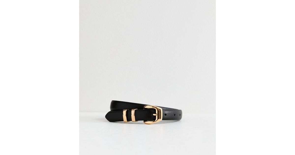 Black Leather Look Keeper Loop Skinny Belt | New Look