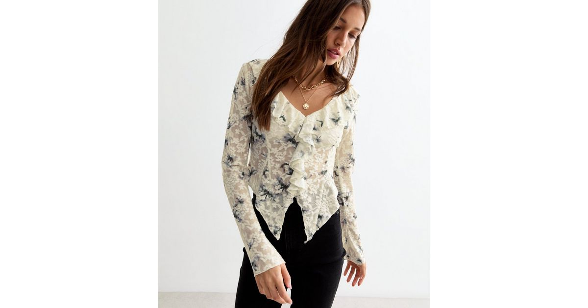 Cream Floral Lace Ruffled Long Sleeve Top | New Look