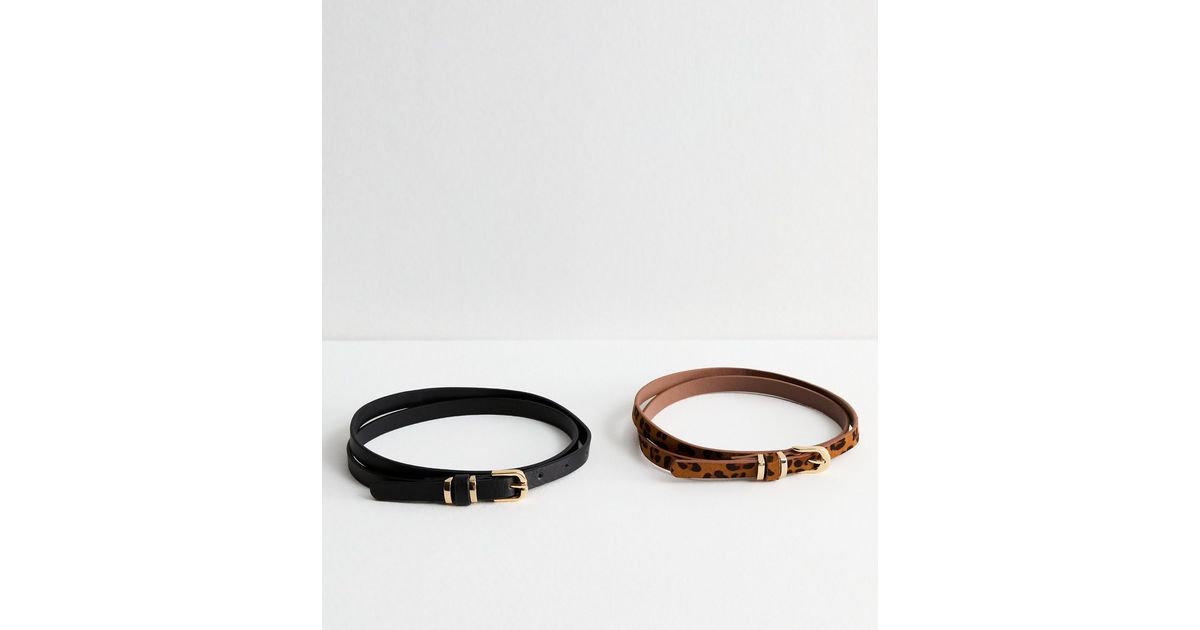 2 Pack of Black and Leopard Print Skinny Belts | New Look